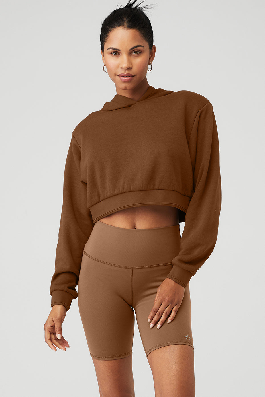 Alo Yoga Cropped Headliner Shoulder Pad Hoodie - Cinnamon Brown